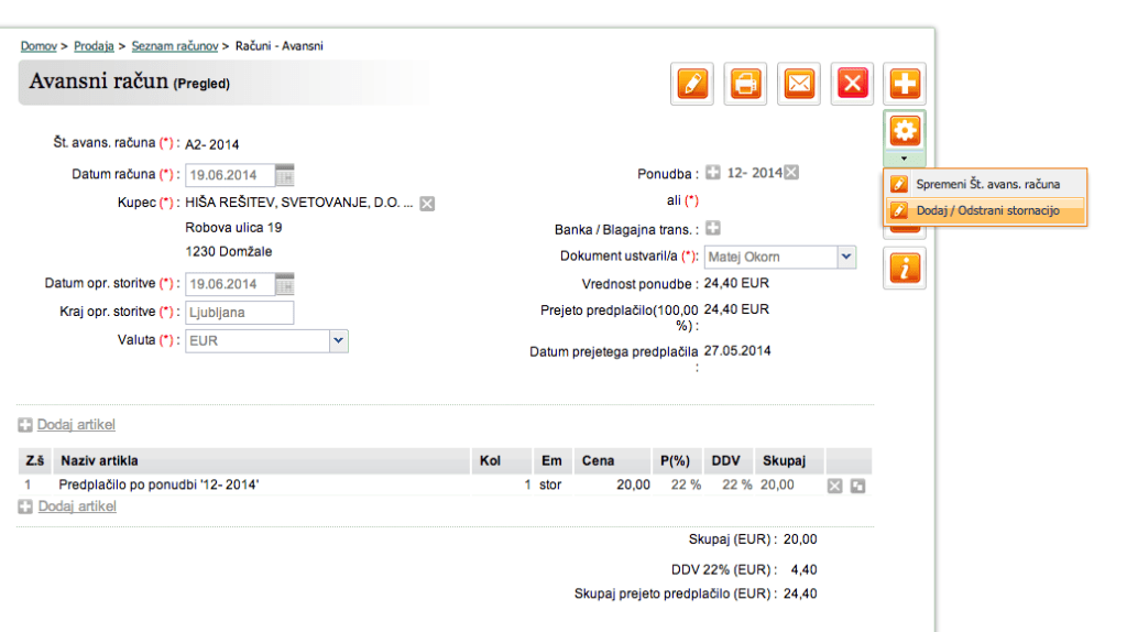 Storno avansnega računa - MetaKocka Blog